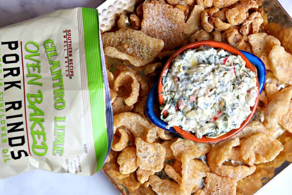 Kale (or Spinach) Artichoke Dip w/ Cilantro Lime Pork Rinds - Dr ...